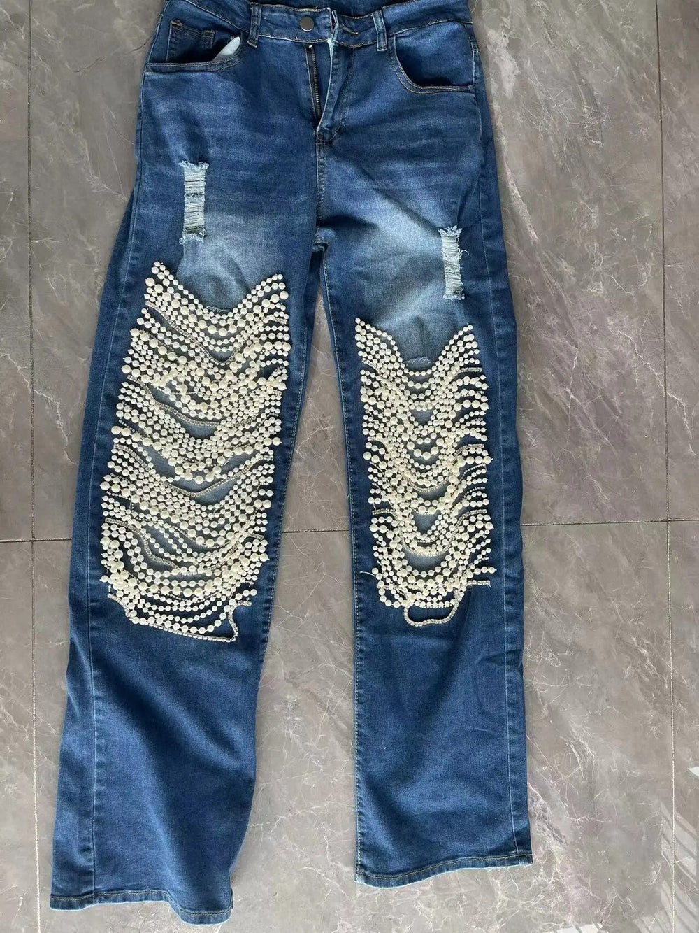 EM Straight Jeans With Holes Pearls Diamond