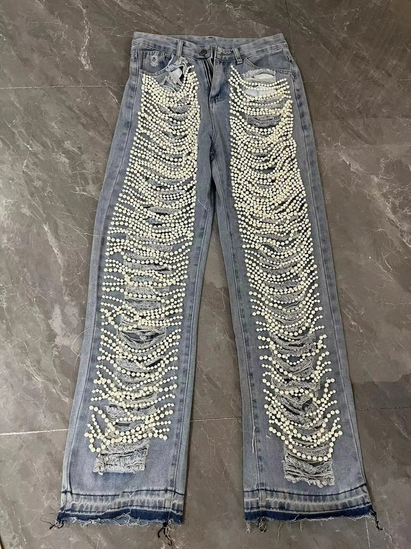 EM Straight Jeans With Holes Pearls Diamond