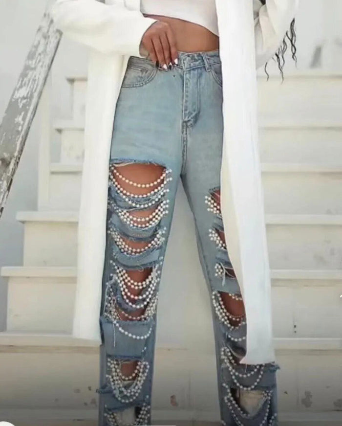 EM Straight Jeans With Holes Pearls Diamond
